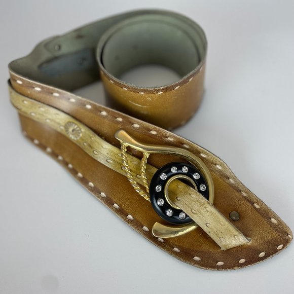 Accessories | Vintage 198s Leather Belt Rhinestones Funky Buckle | Poshmark